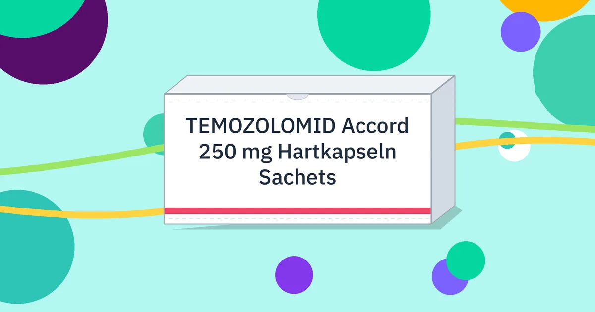 Symbolbild: Packung mit der Aufschrift TEMOZOLOMID Accord 250 mg Hartkapseln Sachets (PZN 11291325) – Verfügbarkeit und Bezug in Apotheken in Frankfurt am Main