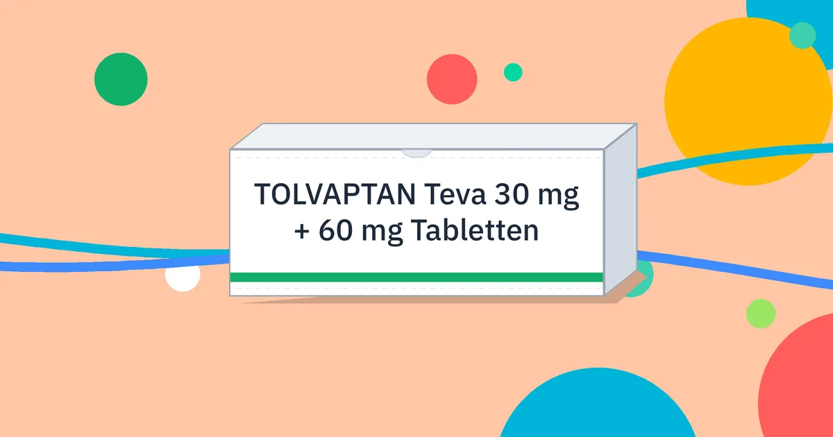 Symbolbild: Packung mit der Aufschrift TOLVAPTAN Teva 30 mg + 60 mg Tabletten (PZN 19895554) – Verfügbarkeit und Bezug in Apotheken in Frankfurt am Main
