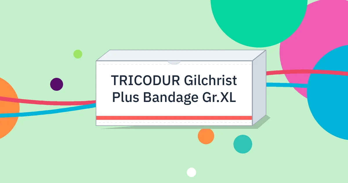 Symbolbild: Packung mit der Aufschrift TRICODUR Gilchrist Plus Bandage Gr.XL (PZN 08906987) – Verfügbarkeit und Bezug in Apotheken in Frankfurt am Main