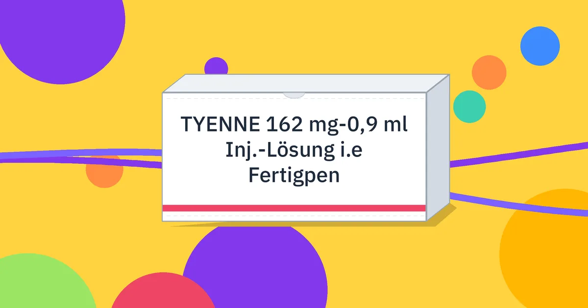 Symbolbild: Packung mit der Aufschrift TYENNE 162 mg-0,9 ml Inj.-Lösung i.e Fertigpen (PZN 20293139) – Verfügbarkeit und Bezug in Apotheken in Frankfurt am Main