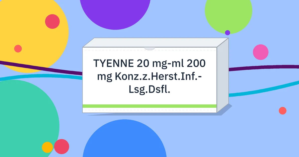 Symbolbild: Packung mit der Aufschrift TYENNE 20 mg-ml 200 mg Konz.z.Herst.Inf.-Lsg.Dsfl. (PZN 19844781) – Verfügbarkeit und Bezug in Apotheken in Frankfurt am Main