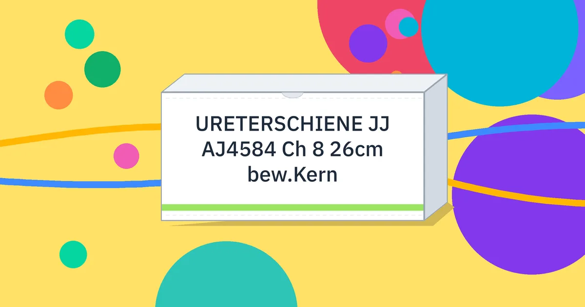 Symbolbild: Packung mit der Aufschrift URETERSCHIENE JJ AJ4584 Ch 8 26cm bew.Kern (PZN 01357419) – Verfügbarkeit und Bezug in Apotheken in Frankfurt am Main