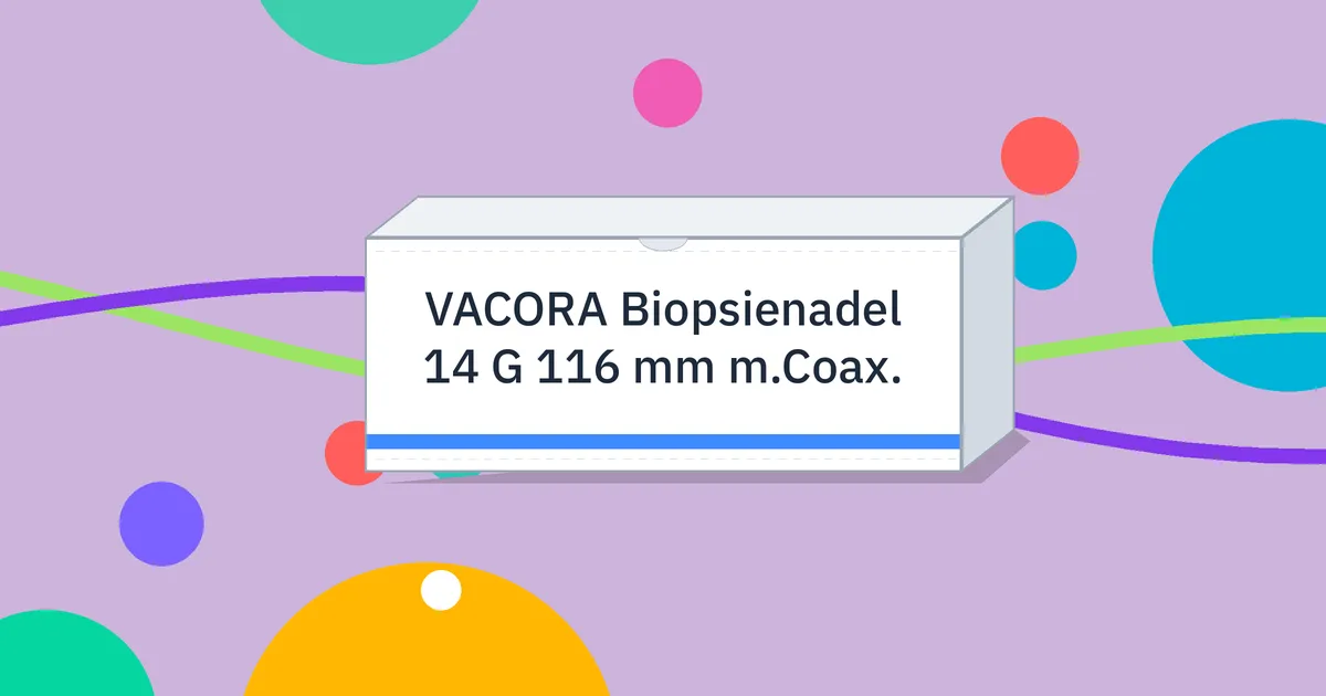 Symbolbild: Packung mit der Aufschrift VACORA Biopsienadel 14 G 116 mm m.Coax. (PZN 03627722) – Verfügbarkeit und Bezug in Apotheken in Frankfurt am Main