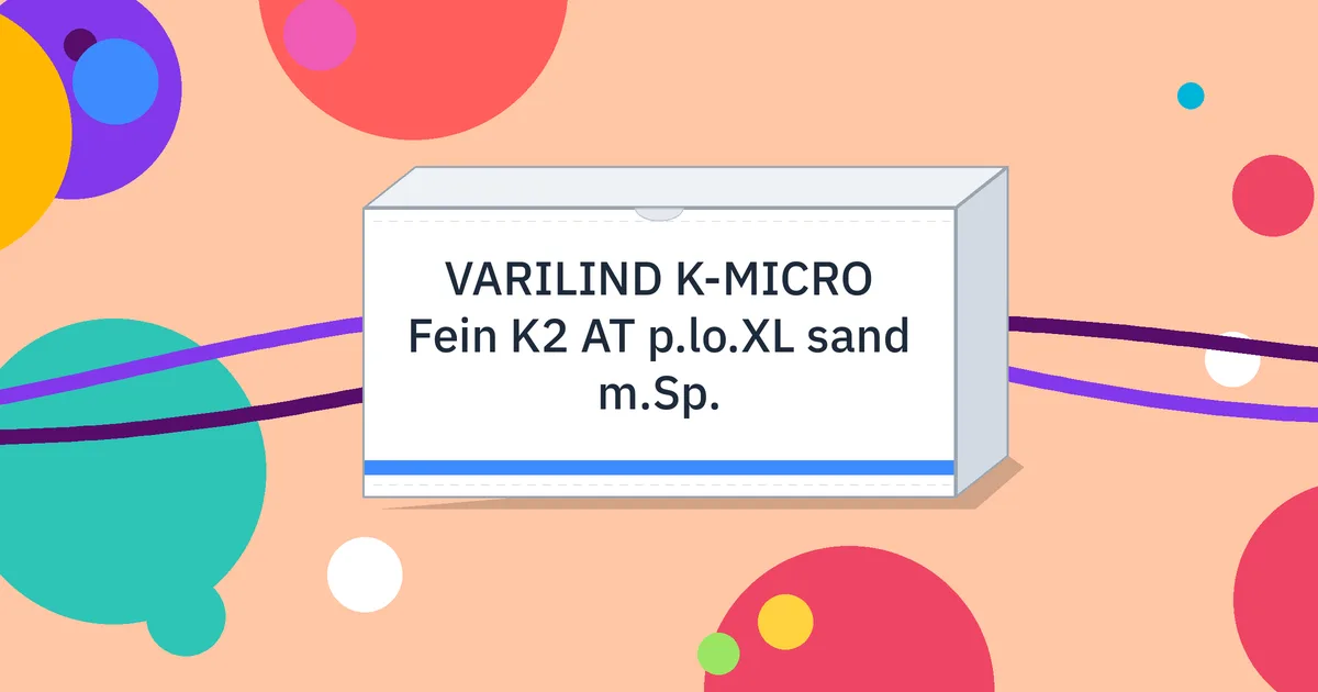 Symbolbild: Packung mit der Aufschrift VARILIND K-MICRO Fein K2 AT p.lo.XL sand m.Sp. (PZN 20618334) – Verfügbarkeit und Bezug in Apotheken in Frankfurt am Main