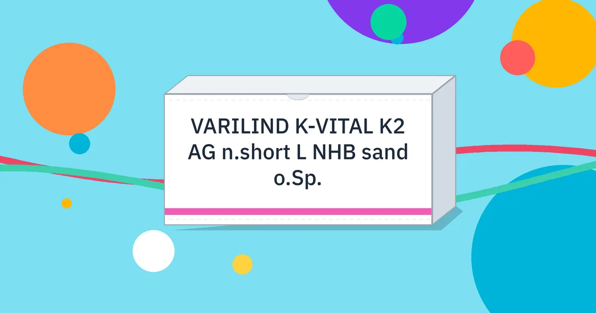 Symbolbild: Packung mit der Aufschrift VARILIND K-VITAL K2 AG n.short L NHB sand o.Sp. (PZN 20564437) – Verfügbarkeit und Bezug in Apotheken in Frankfurt am Main