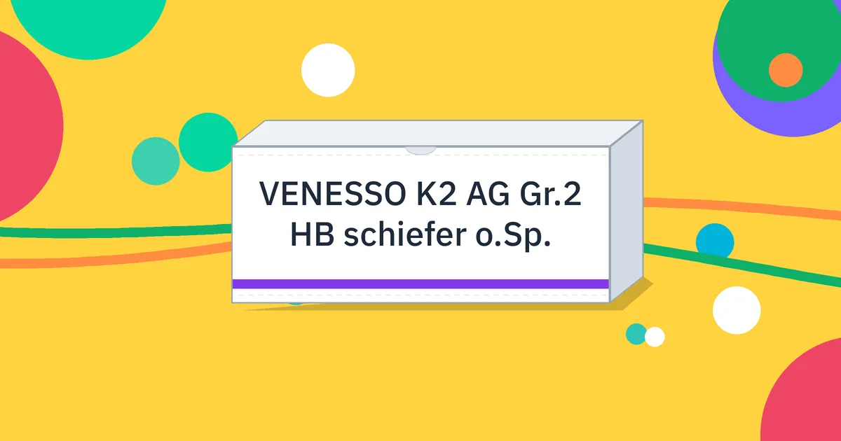 Symbolbild: Packung mit der Aufschrift VENESSO K2 AG Gr.2 HB schiefer o.Sp. (PZN 03265561) – Verfügbarkeit und Bezug in Apotheken in Frankfurt am Main