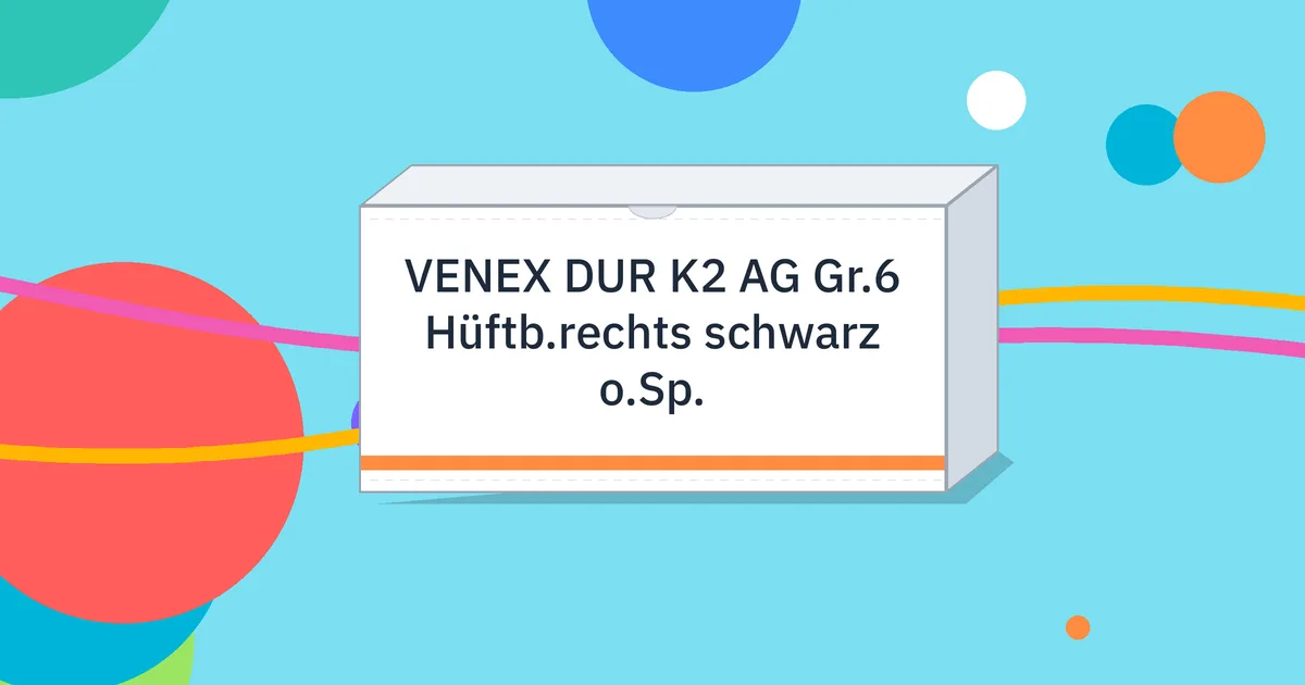 Symbolbild: Packung mit der Aufschrift VENEX DUR K2 AG Gr.6 Hüftb.rechts schwarz o.Sp. (PZN 03233093) – Verfügbarkeit und Bezug in Apotheken in Frankfurt am Main