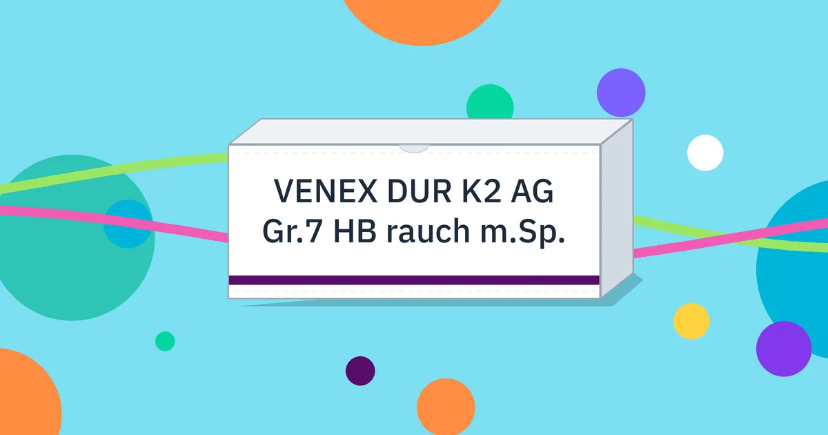 Symbolbild: Packung mit der Aufschrift VENEX DUR K2 AG Gr.7 HB rauch m.Sp. (PZN 03218389) – Verfügbarkeit und Bezug in Apotheken in Frankfurt am Main