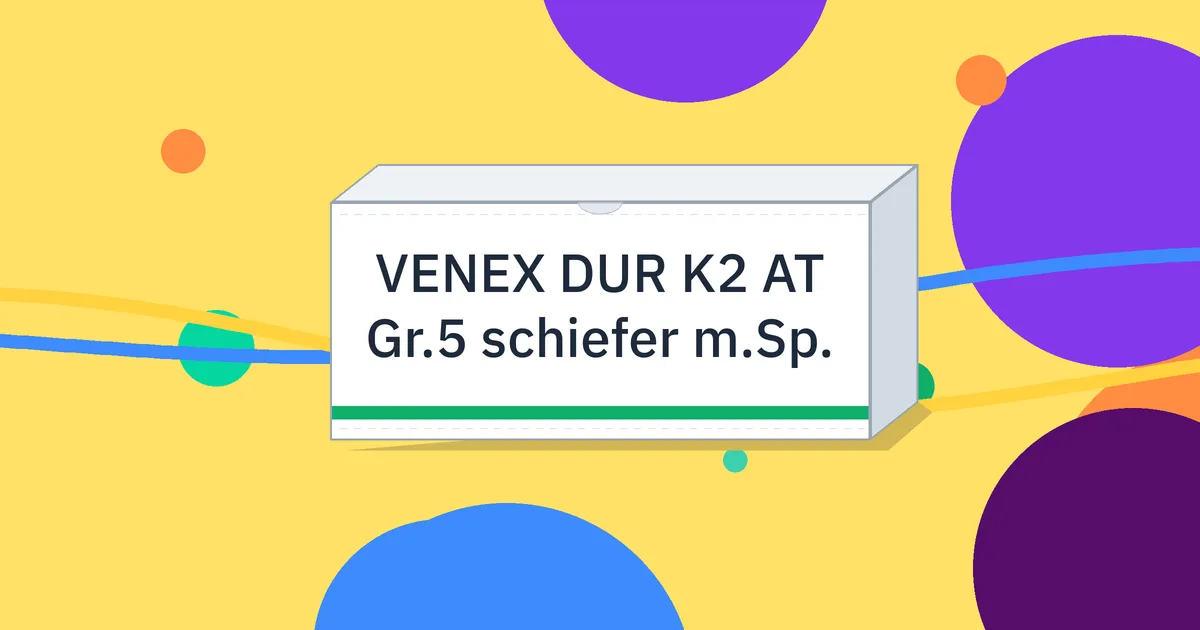 Symbolbild: Packung mit der Aufschrift VENEX DUR K2 AT Gr.5 schiefer m.Sp. (PZN 03222066) – Verfügbarkeit und Bezug in Apotheken in Frankfurt am Main