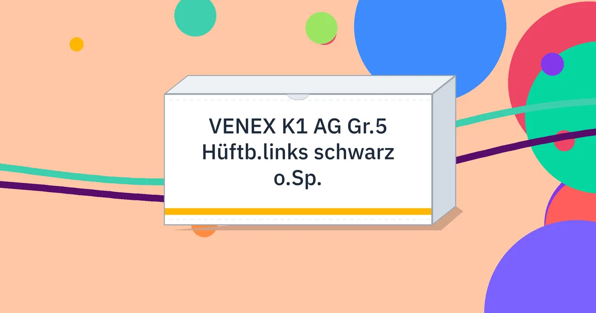 Symbolbild: Packung mit der Aufschrift VENEX K1 AG Gr.5 Hüftb.links schwarz o.Sp. (PZN 03206452) – Verfügbarkeit und Bezug in Apotheken in Frankfurt am Main