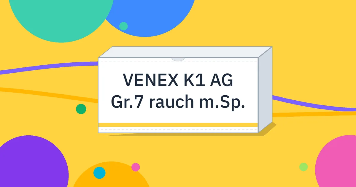 Symbolbild: Packung mit der Aufschrift VENEX K1 AG Gr.7 rauch m.Sp. (PZN 03186784) – Verfügbarkeit und Bezug in Apotheken in Frankfurt am Main