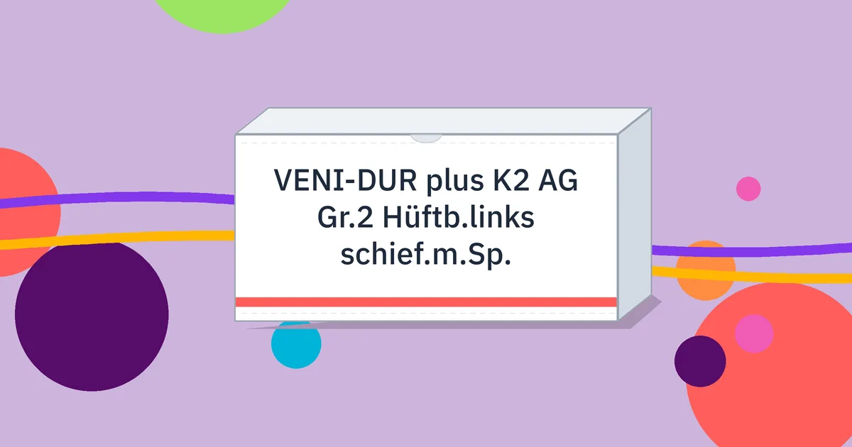 Symbolbild: Packung mit der Aufschrift VENI-DUR plus K2 AG Gr.2 Hüftb.links schief.m.Sp. (PZN 03256651) – Verfügbarkeit und Bezug in Apotheken in Frankfurt am Main