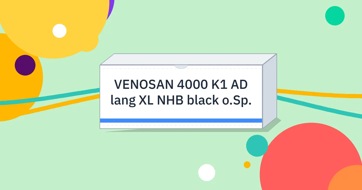 Symbolbild: Packung mit der Aufschrift VENOSAN 4000 K1 AD lang XL NHB black o.Sp. (PZN 14426493) – Verfügbarkeit und Bezug in Apotheken in Frankfurt am Main