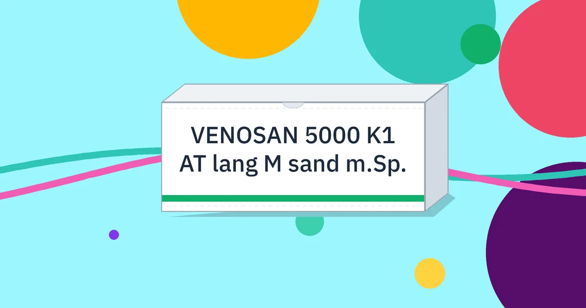 Symbolbild: Packung mit der Aufschrift VENOSAN 5000 K1 AT lang M sand m.Sp. (PZN 14428196) – Verfügbarkeit und Bezug in Apotheken in Frankfurt am Main