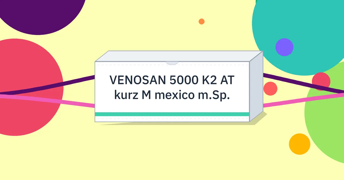 Symbolbild: Packung mit der Aufschrift VENOSAN 5000 K2 AT kurz M mexico m.Sp. (PZN 14430394) – Verfügbarkeit und Bezug in Apotheken in Frankfurt am Main