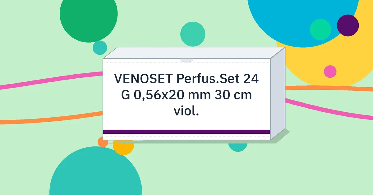 Symbolbild: Packung mit der Aufschrift VENOSET Perfus.Set 24 G 0,56x20 mm 30 cm viol. (PZN 13846827) – Verfügbarkeit und Bezug in Apotheken in Frankfurt am Main