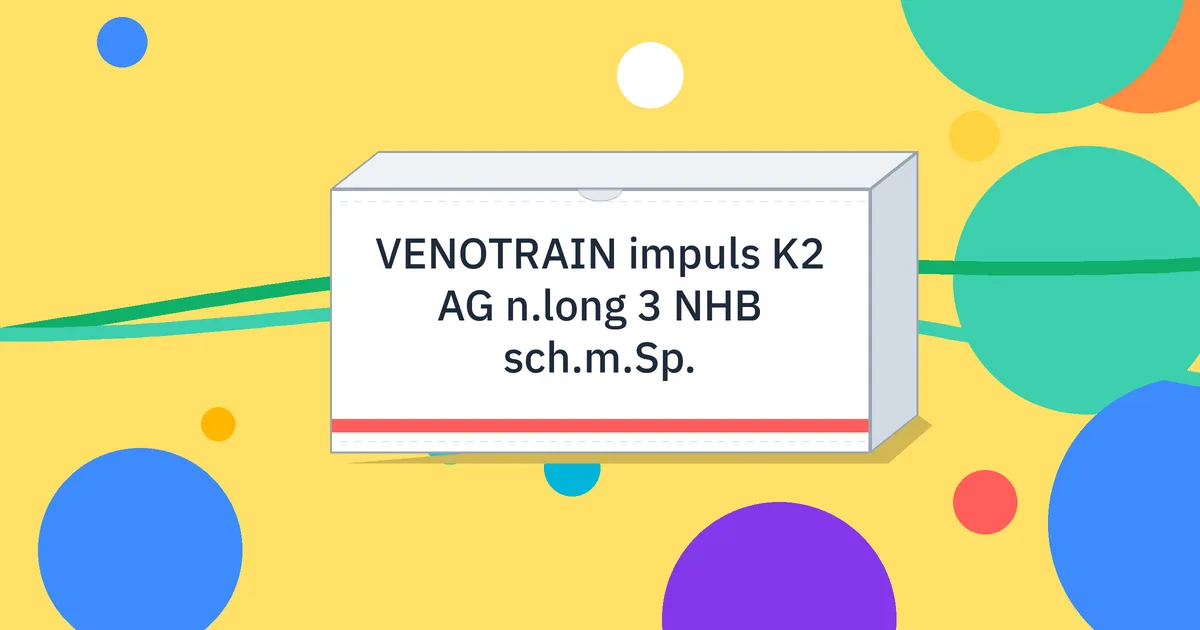 Symbolbild: Packung mit der Aufschrift VENOTRAIN impuls K2 AG n.long 3 NHB sch.m.Sp. (PZN 00507584) – Verfügbarkeit und Bezug in Apotheken in Frankfurt am Main