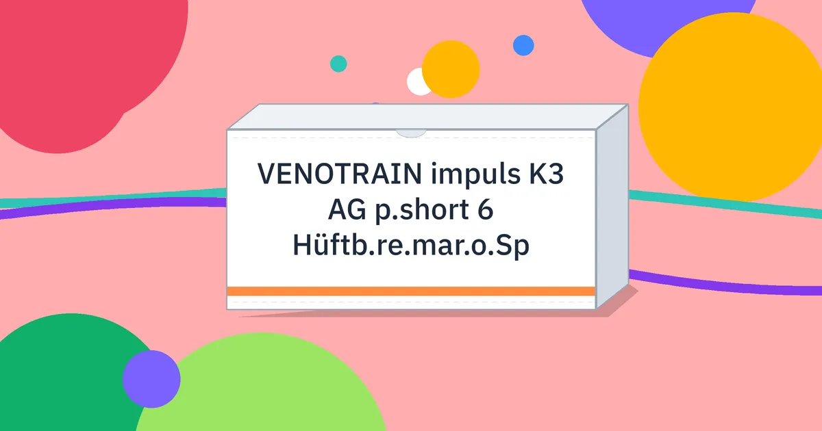 Symbolbild: Packung mit der Aufschrift VENOTRAIN impuls K3 AG p.short 6 Hüftb.re.mar.o.Sp (PZN 15218029) – Verfügbarkeit und Bezug in Apotheken in Frankfurt am Main