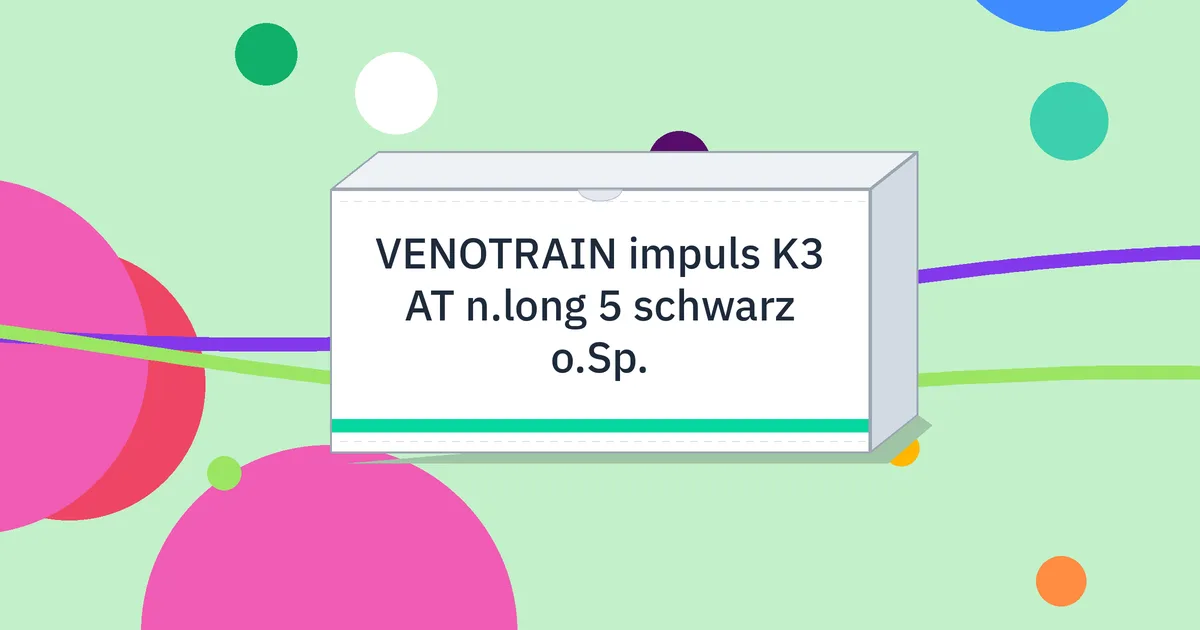 Symbolbild: Packung mit der Aufschrift VENOTRAIN impuls K3 AT n.long 5 schwarz o.Sp. (PZN 19356515) – Verfügbarkeit und Bezug in Apotheken in Frankfurt am Main