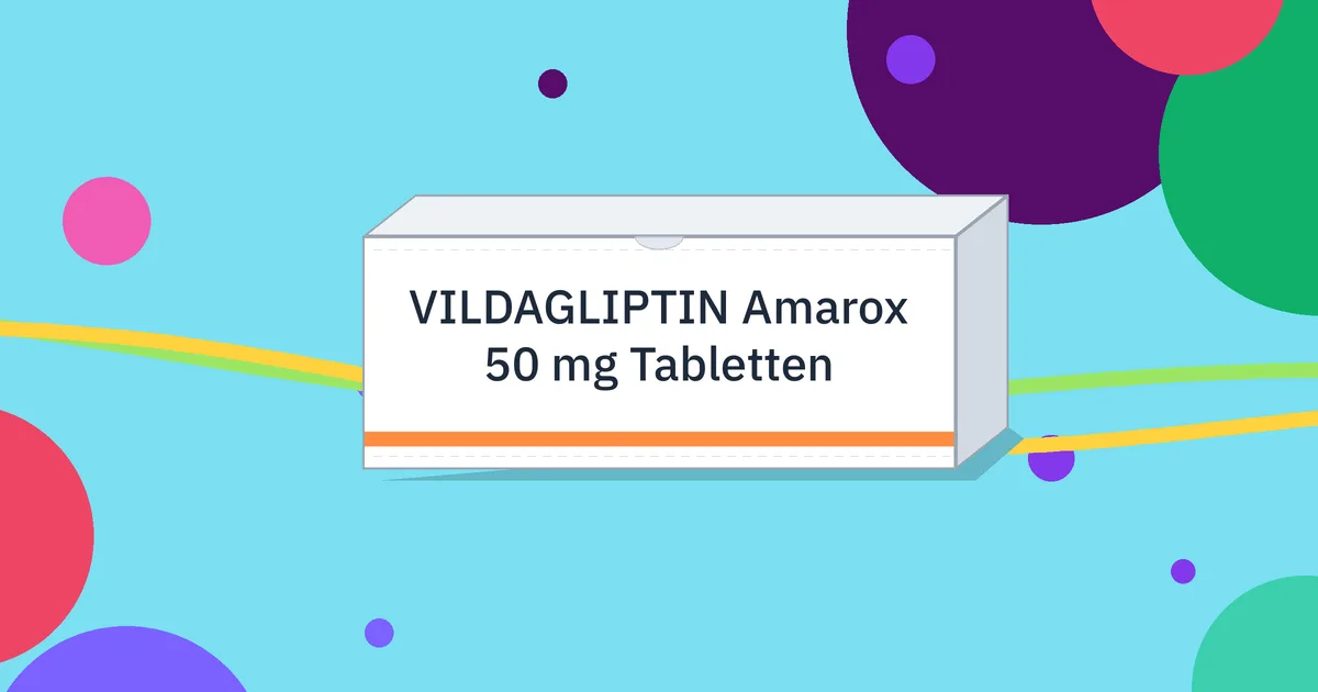 Symbolbild: Packung mit der Aufschrift VILDAGLIPTIN Amarox 50 mg Tabletten (PZN 19500811) – Verfügbarkeit und Bezug in Apotheken in Frankfurt am Main