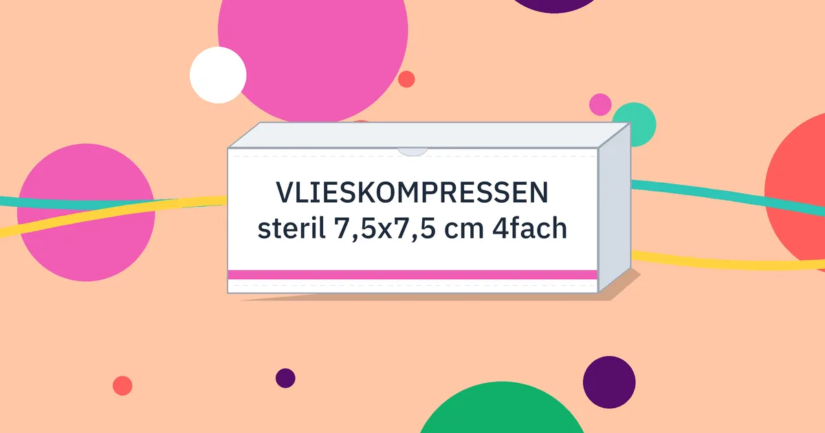 Symbolbild: Packung mit der Aufschrift VLIESKOMPRESSEN steril 7,5x7,5 cm 4fach (PZN 12350768) – Verfügbarkeit und Bezug in Apotheken in Frankfurt am Main