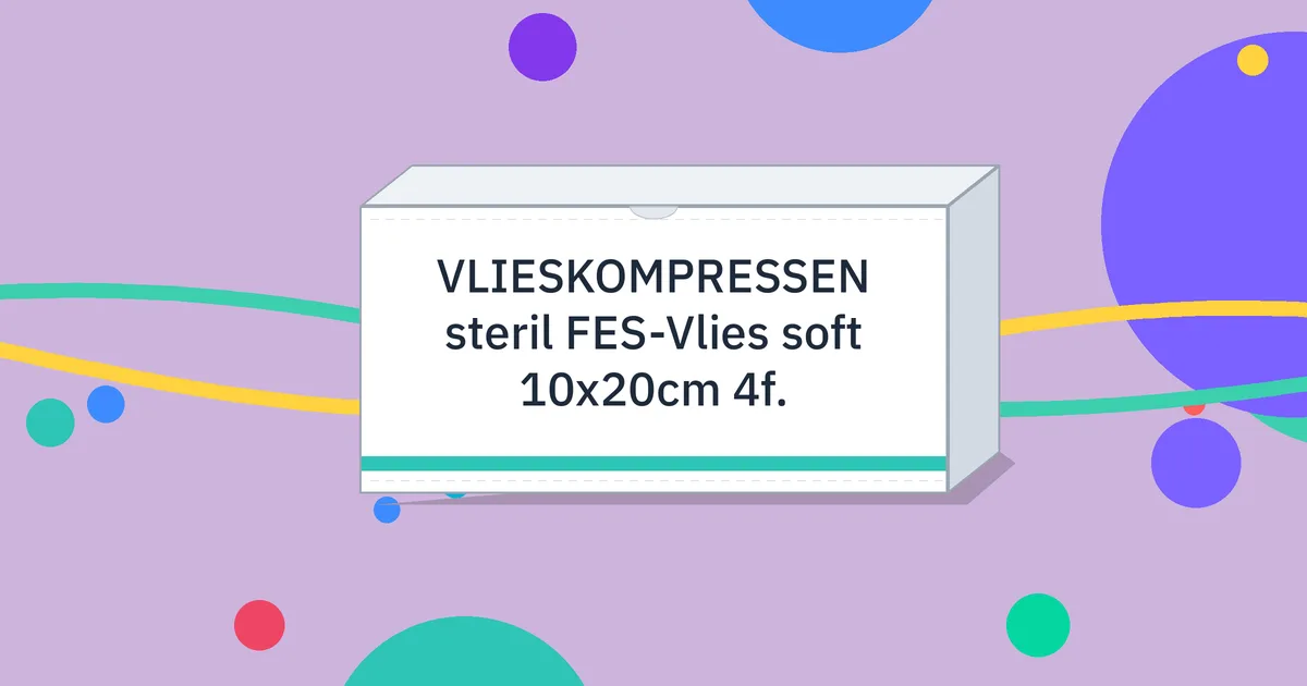 Symbolbild: Packung mit der Aufschrift VLIESKOMPRESSEN steril FES-Vlies soft 10x20cm 4f. (PZN 19799394) – Verfügbarkeit und Bezug in Apotheken in Frankfurt am Main