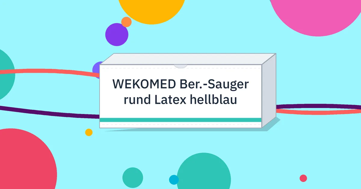 Symbolbild: Packung mit der Aufschrift WEKOMED Ber.-Sauger rund Latex hellblau (PZN 04921694) – Verfügbarkeit und Bezug in Apotheken in Frankfurt am Main