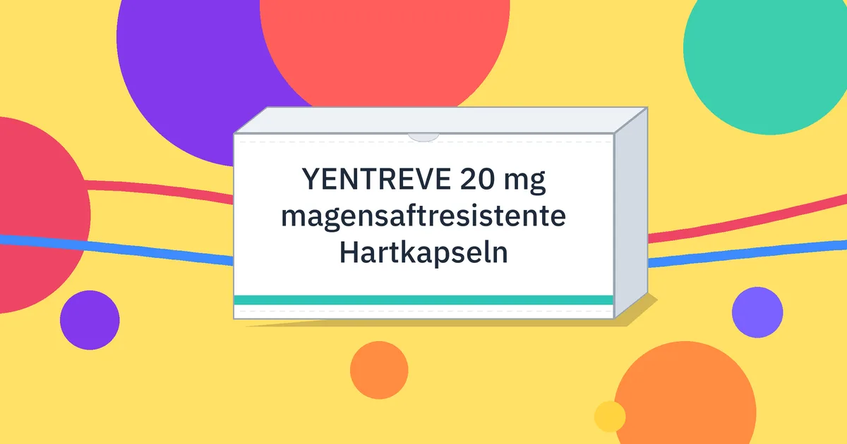 Symbolbild: Packung mit der Aufschrift YENTREVE 20 mg magensaftresistente Hartkapseln (PZN 06786734) – Verfügbarkeit und Bezug in Apotheken in Frankfurt am Main