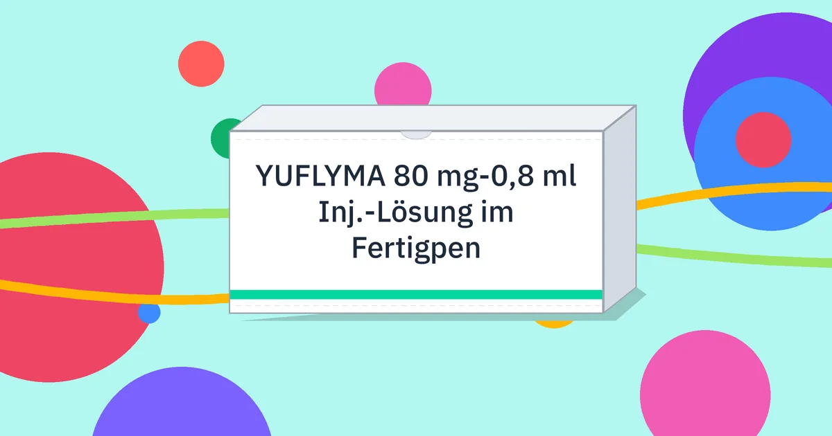 Symbolbild: Packung mit der Aufschrift YUFLYMA 80 mg-0,8 ml Inj.-Lösung im Fertigpen (PZN 19541690) – Verfügbarkeit und Bezug in Apotheken in Frankfurt am Main