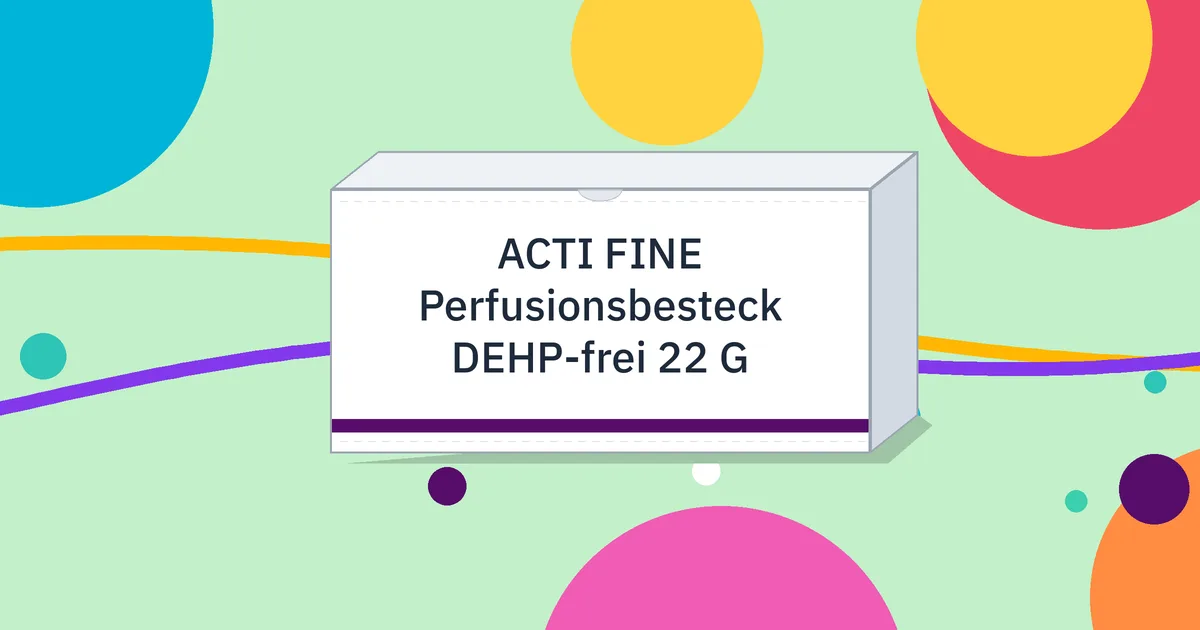 Symbolbild: Packung mit der Aufschrift ACTI FINE Perfusionsbesteck DEHP-frei 22 G (PZN 10843544) – Verfügbarkeit und Bezug in Apotheken in Frankfurt am Main