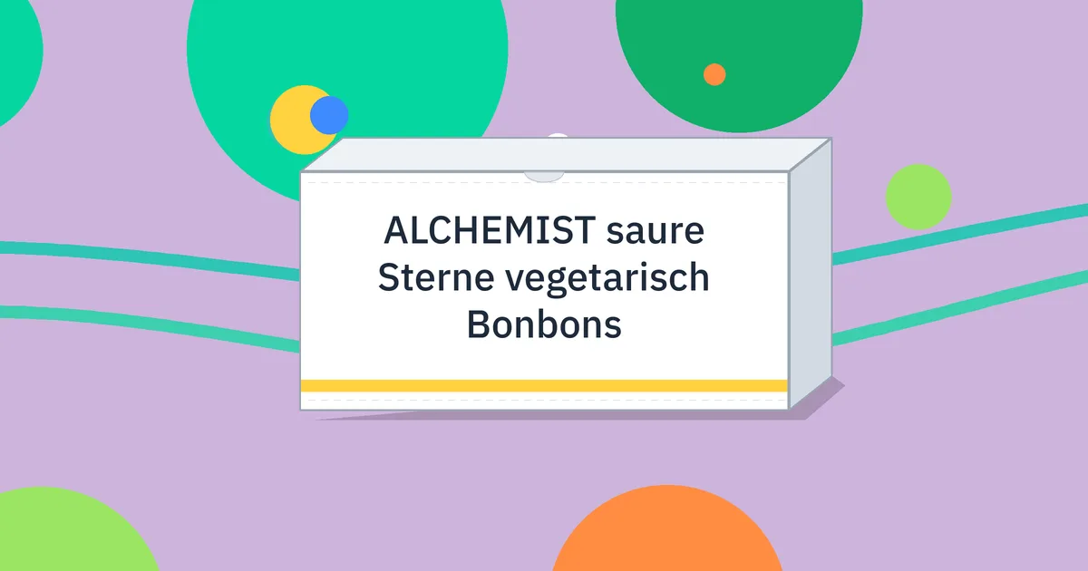 Symbolbild: Packung mit der Aufschrift ALCHEMIST saure Sterne vegetarisch Bonbons (PZN 11848816) – Verfügbarkeit und Bezug in Apotheken in Frankfurt am Main