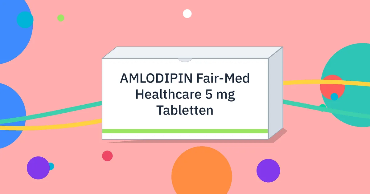 Symbolbild: Packung mit der Aufschrift AMLODIPIN Fair-Med Healthcare 5 mg Tabletten (PZN 10420513) – Verfügbarkeit und Bezug in Apotheken in Frankfurt am Main