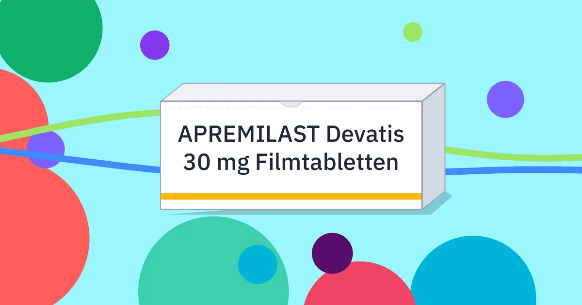 Symbolbild: Packung mit der Aufschrift APREMILAST Devatis 30 mg Filmtabletten (PZN 19636427) – Verfügbarkeit und Bezug in Apotheken in Frankfurt am Main