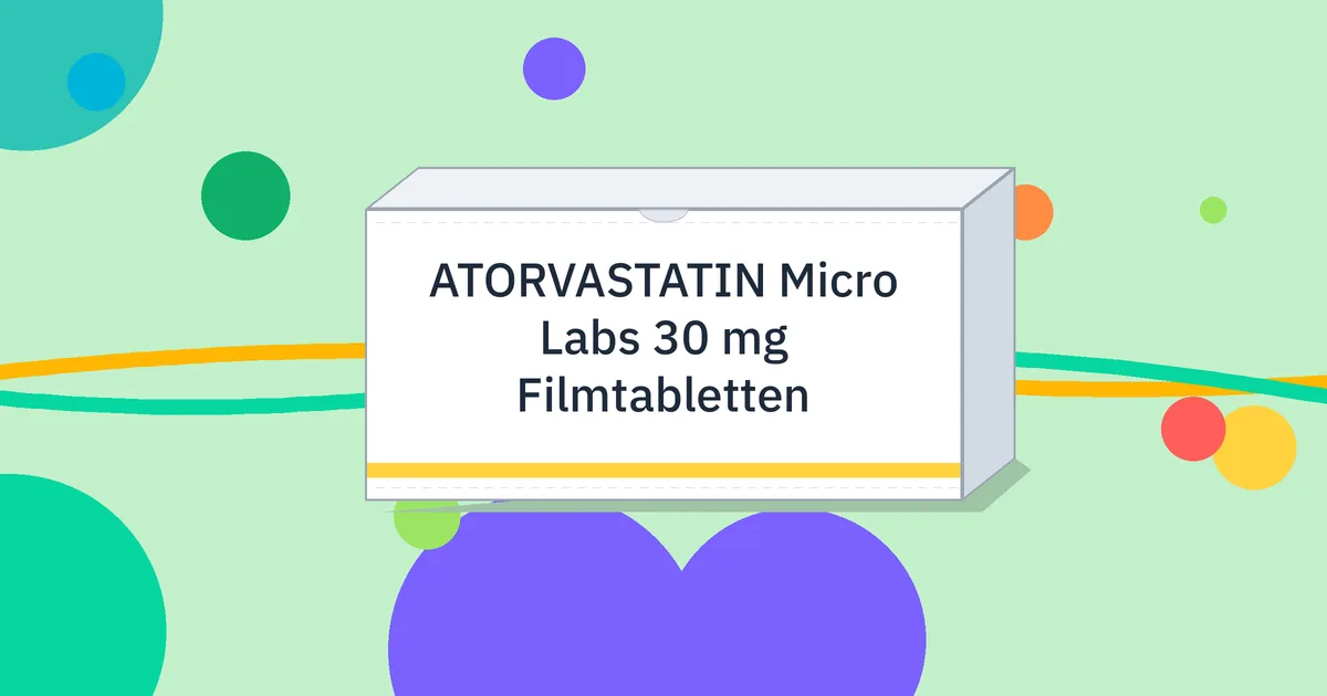 Symbolbild: Packung mit der Aufschrift ATORVASTATIN Micro Labs 30 mg Filmtabletten (PZN 18214782) – Verfügbarkeit und Bezug in Apotheken in Frankfurt am Main
