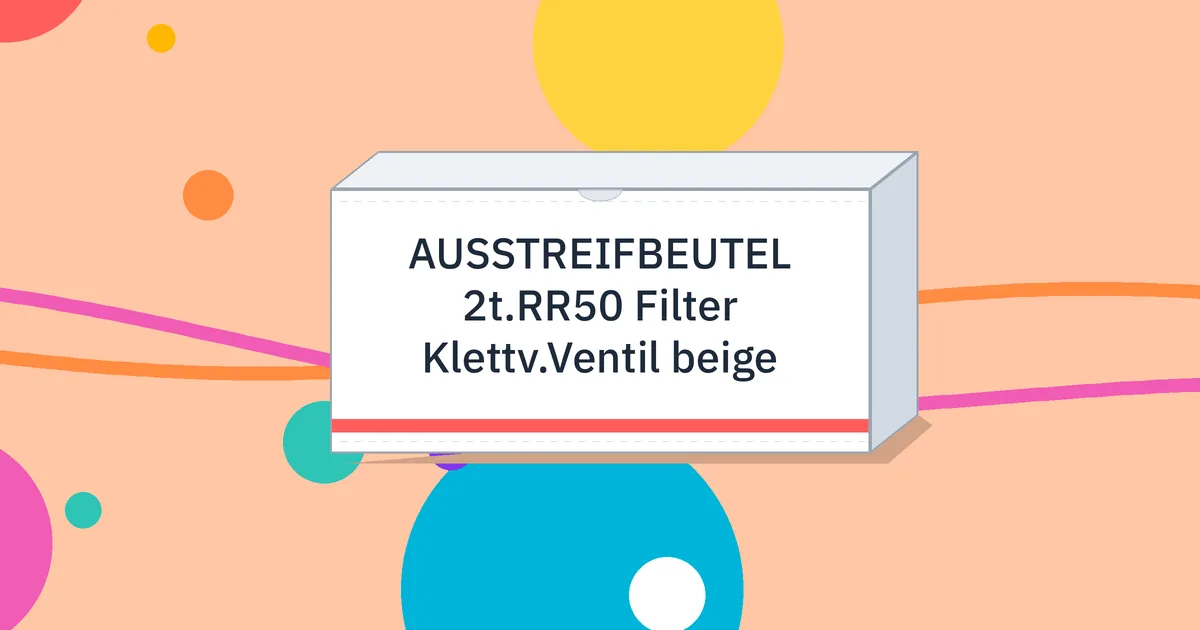 Symbolbild: Packung mit der Aufschrift AUSSTREIFBEUTEL 2t.RR50 Filter Klettv.Ventil beige (PZN 10046055) – Verfügbarkeit und Bezug in Apotheken in Frankfurt am Main
