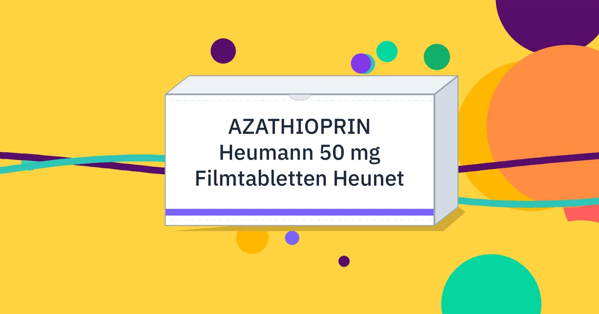Symbolbild: Packung mit der Aufschrift AZATHIOPRIN Heumann 50 mg Filmtabletten Heunet (PZN 05909695) – Verfügbarkeit und Bezug in Apotheken in Frankfurt am Main