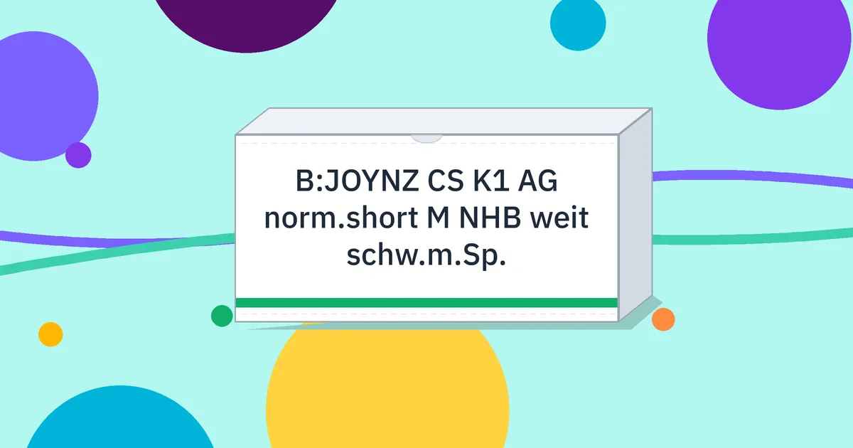 Symbolbild: Packung mit der Aufschrift B:JOYNZ CS K1 AG norm.short M NHB weit schw.m.Sp. (PZN 20535453) – Verfügbarkeit und Bezug in Apotheken in Frankfurt am Main