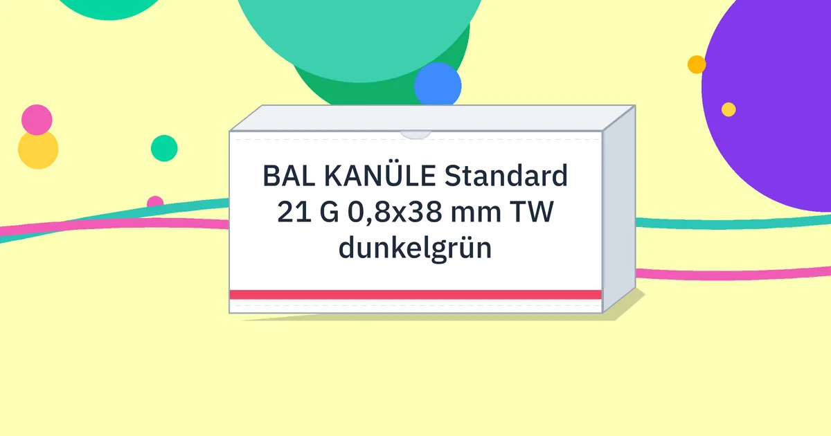 Symbolbild: Packung mit der Aufschrift BAL KANÜLE Standard 21 G 0,8x38 mm TW dunkelgrün (PZN 19124199) – Verfügbarkeit und Bezug in Apotheken in Frankfurt am Main
