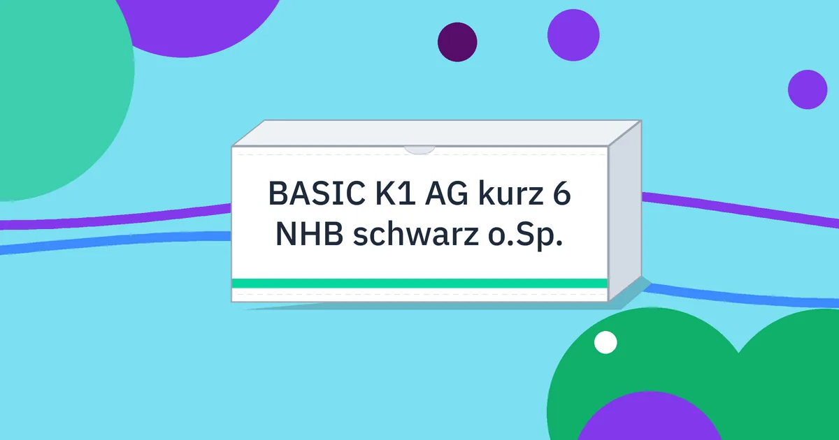 Symbolbild: Packung mit der Aufschrift BASIC K1 AG kurz 6 NHB schwarz o.Sp. (PZN 20261659) – Verfügbarkeit und Bezug in Apotheken in Frankfurt am Main