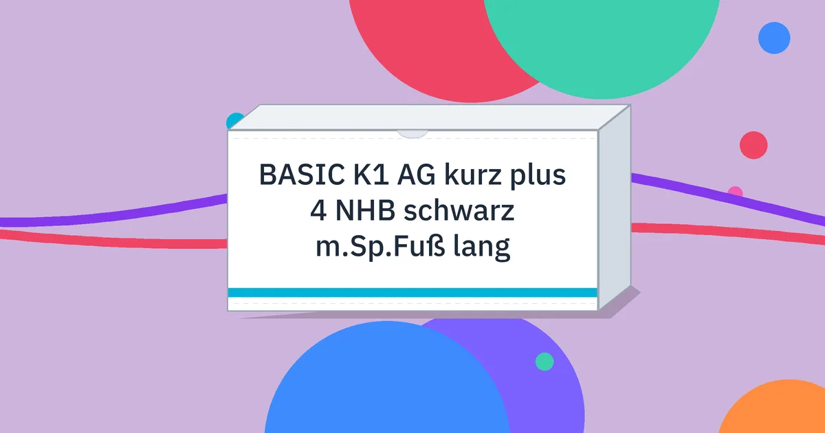 Symbolbild: Packung mit der Aufschrift BASIC K1 AG kurz plus 4 NHB schwarz m.Sp.Fuß lang (PZN 20260878) – Verfügbarkeit und Bezug in Apotheken in Frankfurt am Main