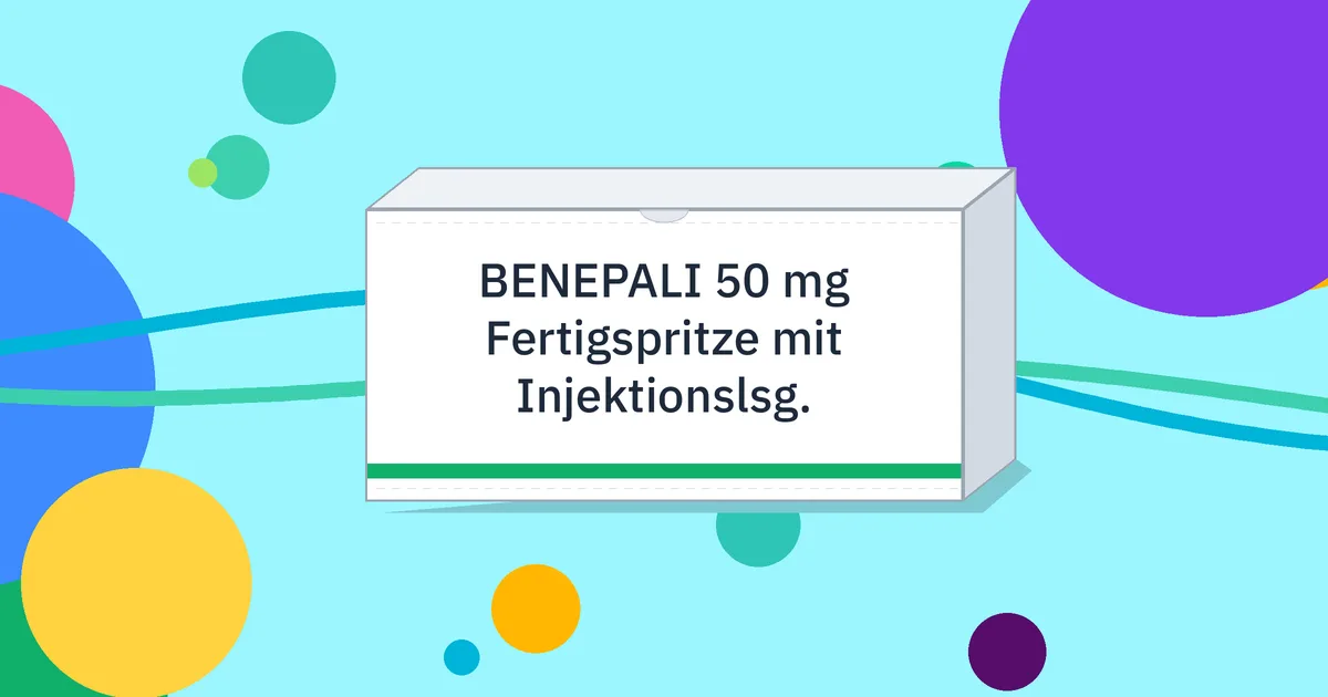Symbolbild: Packung mit der Aufschrift BENEPALI 50 mg Fertigspritze mit Injektionslsg. (PZN 16759388) – Verfügbarkeit und Bezug in Apotheken in Frankfurt am Main