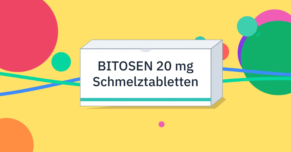Symbolbild: Packung mit der Aufschrift BITOSEN 20 mg Schmelztabletten (PZN 18890520) – Verfügbarkeit und Bezug in Apotheken in Frankfurt am Main