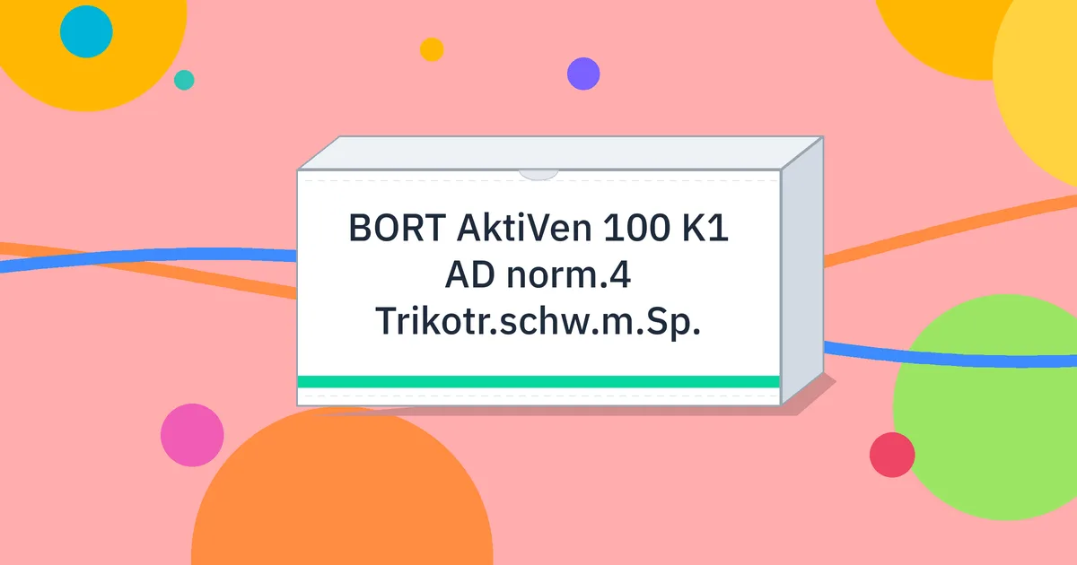 Symbolbild: Packung mit der Aufschrift BORT AktiVen 100 K1 AD norm.4 Trikotr.schw.m.Sp. (PZN 14387072) – Verfügbarkeit und Bezug in Apotheken in Frankfurt am Main