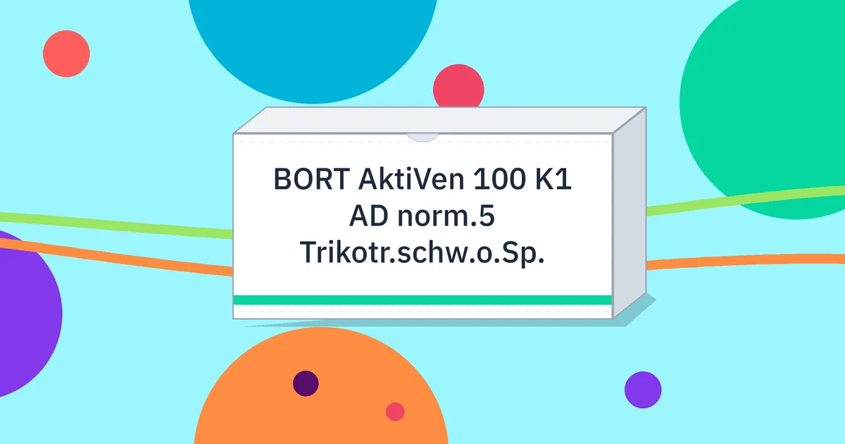 Symbolbild: Packung mit der Aufschrift BORT AktiVen 100 K1 AD norm.5 Trikotr.schw.o.Sp. (PZN 14386902) – Verfügbarkeit und Bezug in Apotheken in Frankfurt am Main