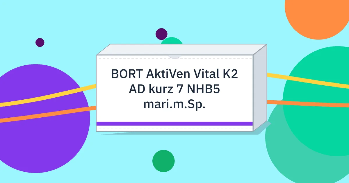 Symbolbild: Packung mit der Aufschrift BORT AktiVen Vital K2 AD kurz 7 NHB5 mari.m.Sp. (PZN 17494791) – Verfügbarkeit und Bezug in Apotheken in Frankfurt am Main