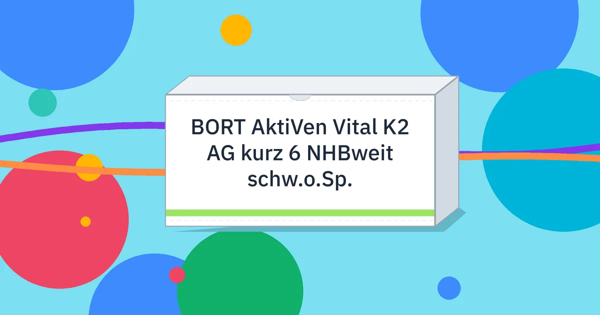 Symbolbild: Packung mit der Aufschrift BORT AktiVen Vital K2 AG kurz 6 NHBweit schw.o.Sp. (PZN 12384951) – Verfügbarkeit und Bezug in Apotheken in Frankfurt am Main