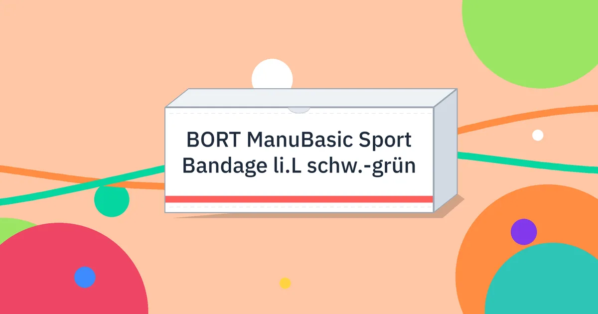 Symbolbild: Packung mit der Aufschrift BORT ManuBasic Sport Bandage li.L schw.-grün (PZN 02740221) – Verfügbarkeit und Bezug in Apotheken in Frankfurt am Main