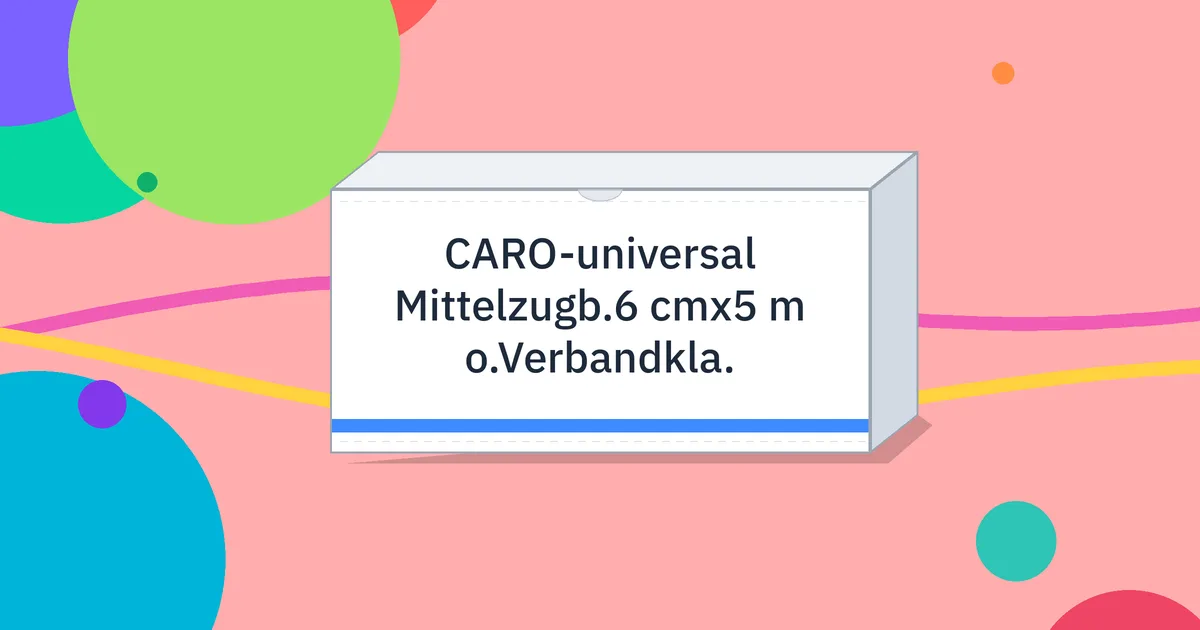 Symbolbild: Packung mit der Aufschrift CARO-universal Mittelzugb.6 cmx5 m o.Verbandkla. (PZN 11670844) – Verfügbarkeit und Bezug in Apotheken in Frankfurt am Main