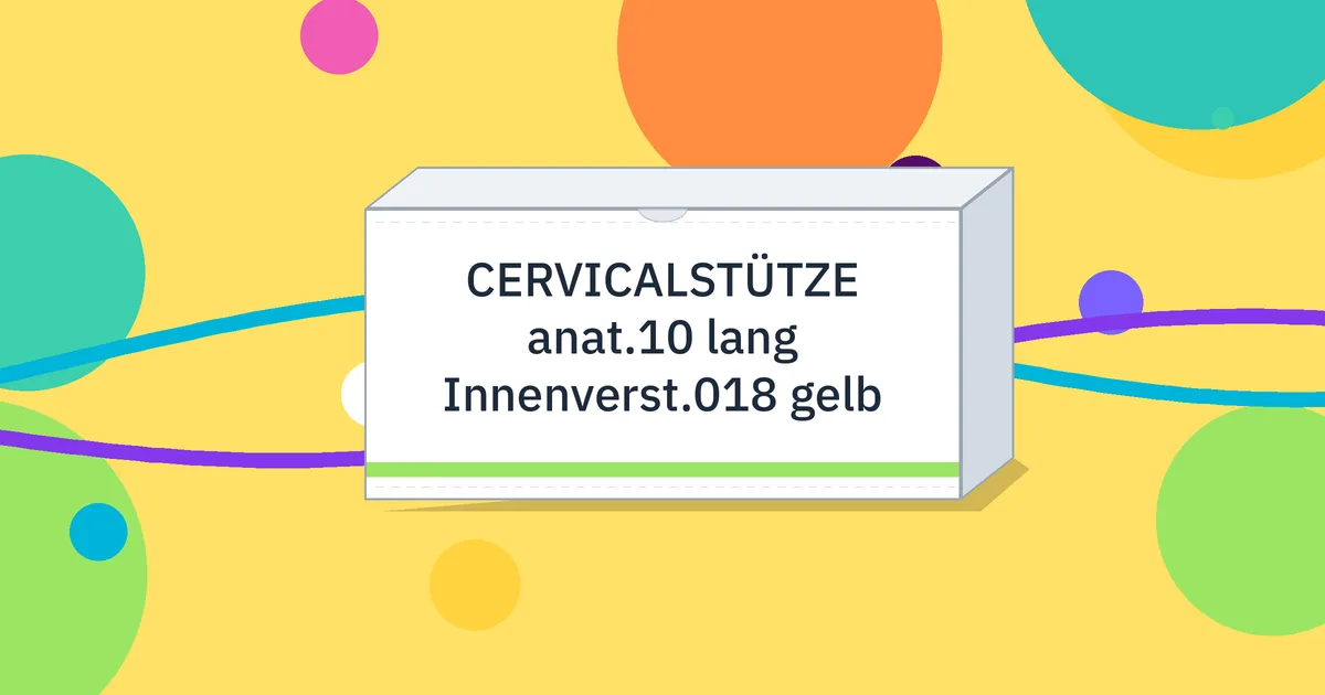 Symbolbild: Packung mit der Aufschrift CERVICALSTÜTZE anat.10 lang Innenverst.018 gelb (PZN 08895137) – Verfügbarkeit und Bezug in Apotheken in Frankfurt am Main