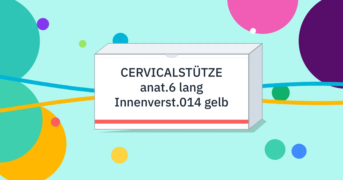 Symbolbild: Packung mit der Aufschrift CERVICALSTÜTZE anat.6 lang Innenverst.014 gelb (PZN 08894913) – Verfügbarkeit und Bezug in Apotheken in Frankfurt am Main